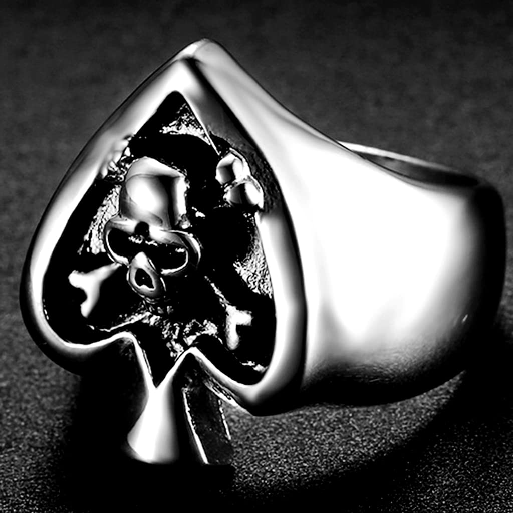 Retro Vintage Stainless Steel Gothic Skull Poker Ace Spade Heart Cocktail Party Hoilday Biker Hallowee Ring (Silver, 9)
