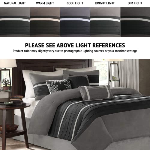 Madison Park Palmer Comforter Set - Faux Suede Design, Striped Accent, All Season Down Alternative Bedding, Matching Shams, Decorative Pillow, Bed Skirt, Full (82 in x 90 in), Black 7 Piece