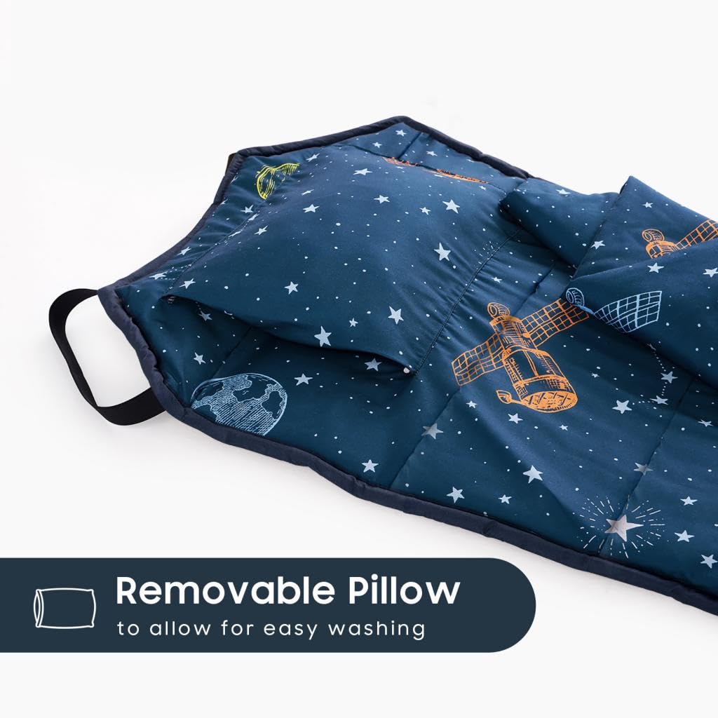 Wake In Cloud - Nap Mat with Pillow for Kids Toddler Boys Girls, Fit Preschool Daycare Sleeping Cot with Elastic Corner Straps, Rockets Stars Galaxy Space Planet on Navy Blue, 100% Soft Microfiber