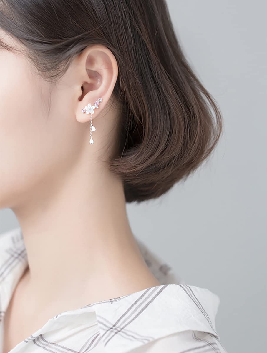 Reffeer Solid 925 Sterling Silver CZ Flower Crawler Earrings Wrap for Women Teens Dainty Flower Climber Earrings Cuff Dangle Chain