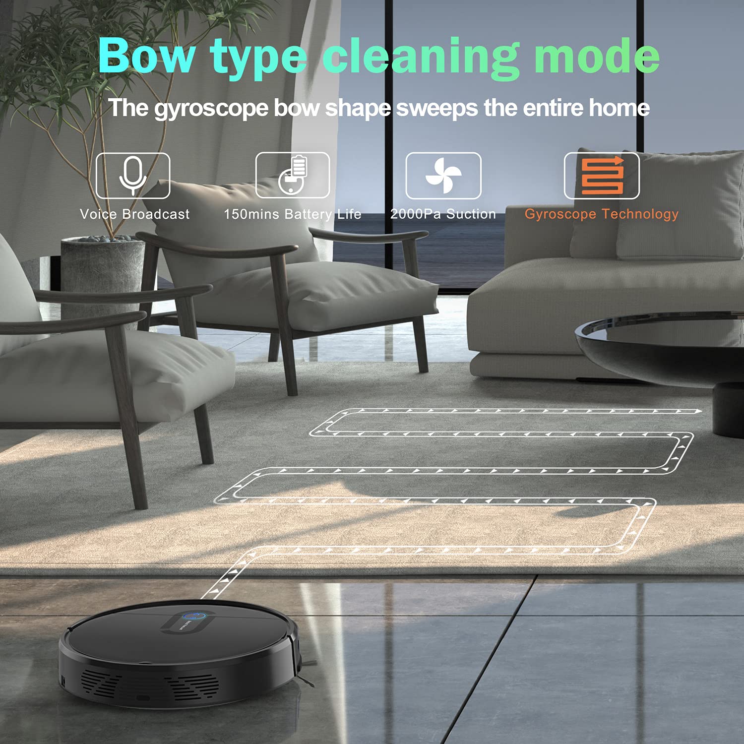 Robot Vacuum, 2000Pa Robotic Vacuum Cleaner with Triple-Filter System, 120-min Runtime Smart Robot Vac Good for Pet Hair, Carpets, Hard Floors, Self-Charging, Black