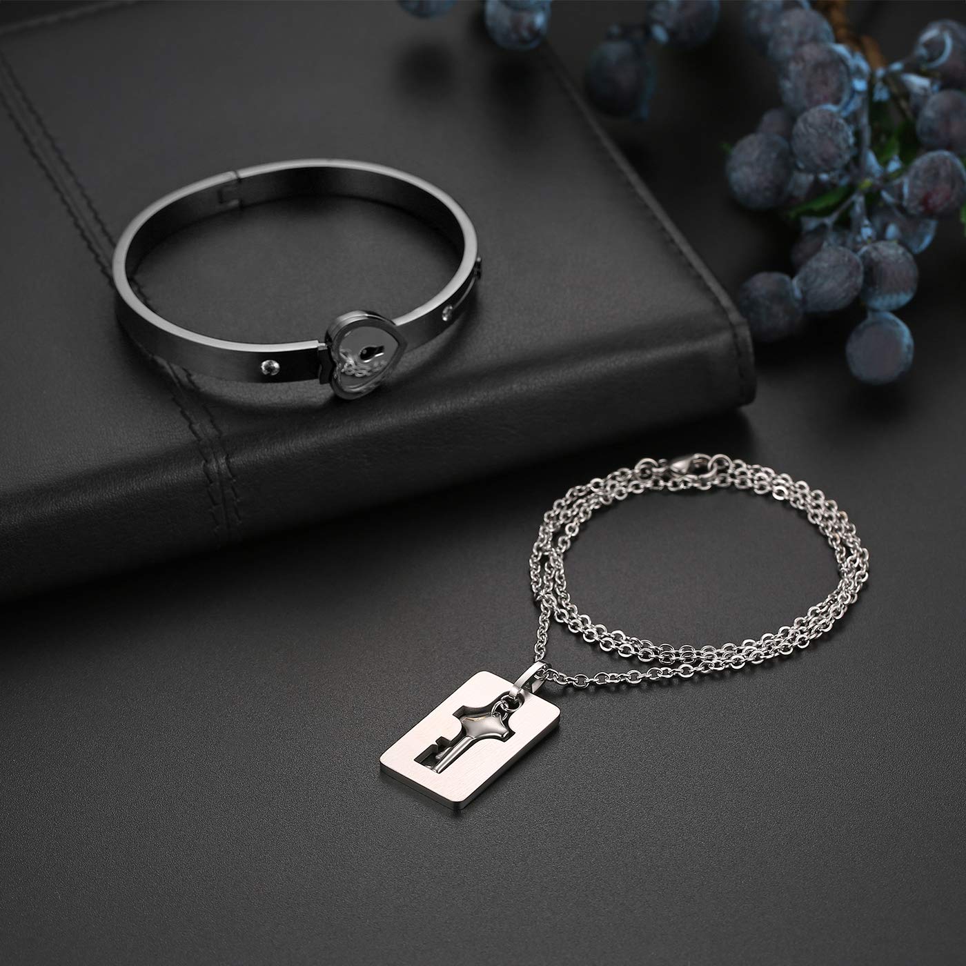 OIDEA His Hers Love Heart Key Lock Macthing Bangle Bracelet Tag Pendat Necklace for Valentines Day Gifts,Silver,Roseold (FBA NON ENGRAVING-Black)