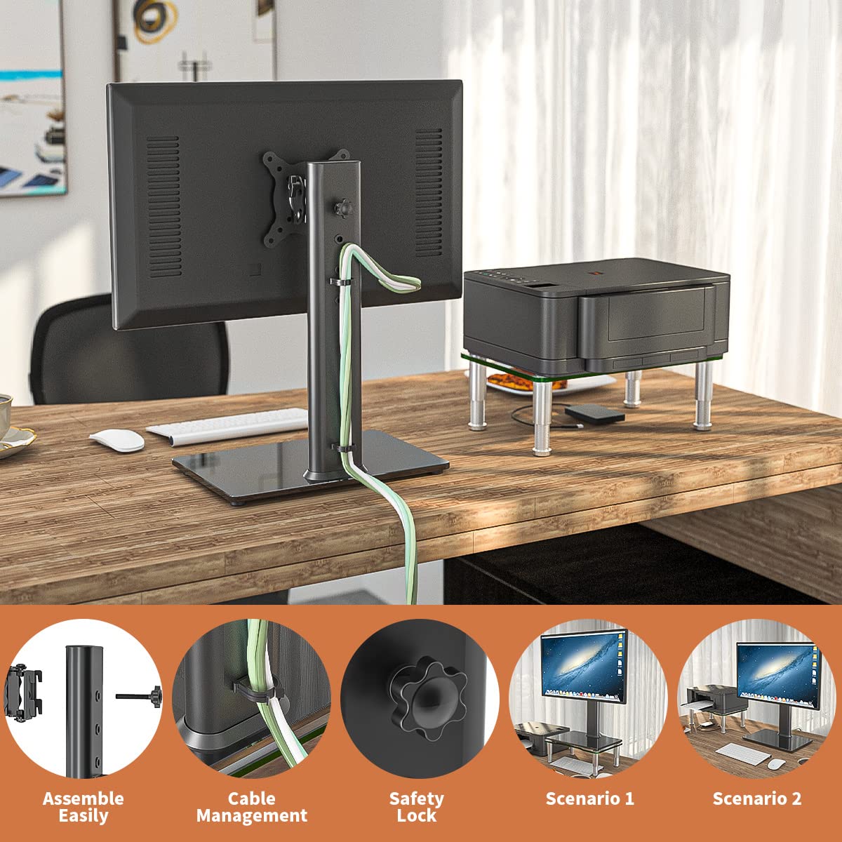 Single LCD Computer Monitor Free-Standing Desk Stand Riser for 13 inch to 32 inch Screen & Clear Tempered Glass Computer Monitor Riser with Height Adjustable Multi Media Desktop Stand