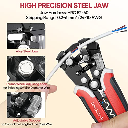 TICONN Automatic Wire Stripper Tool, 3 in 1 Wire Cutters Crimper Pliers Electrician Tools for 24β10 AWG Wire Stripping, Cutting and Crimping (Red)