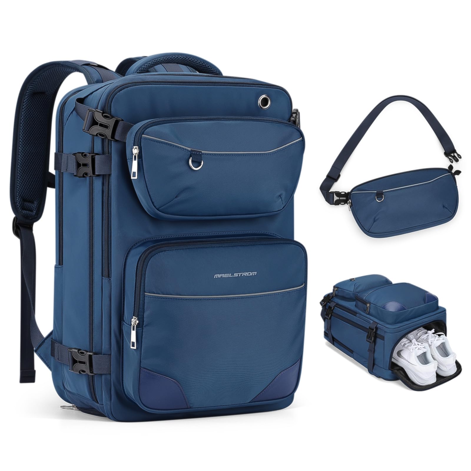 Maelstrom Travel Backpack for Men Women, 35L Carry-on Backpack for Traveling on Airplane,with Fashion Belt Bag,Waterproof Casual Daypack fit 17āLaptop-Navy Blue, Large