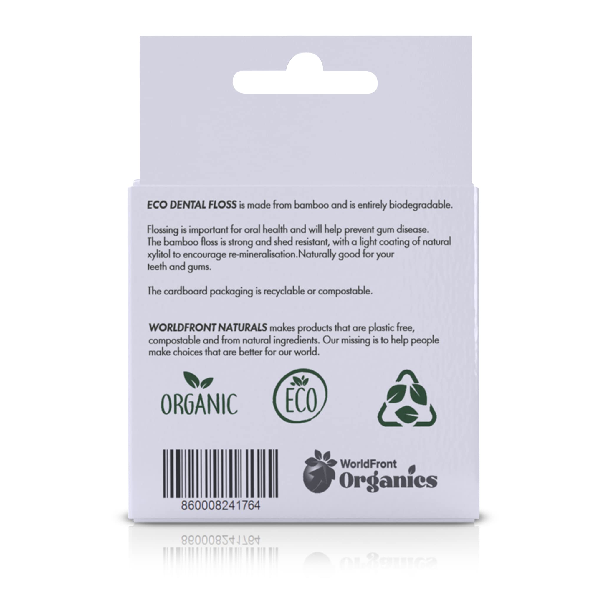 WorldFront Naturals Eco Dental Floss Ideal for Teeth Clean, Removing Plaque & Food Debris- Biodegradable Mint Tooth Flosses Made of Organic Bamboo- Compostable Plastic Free Packaging- 50m/55 yds