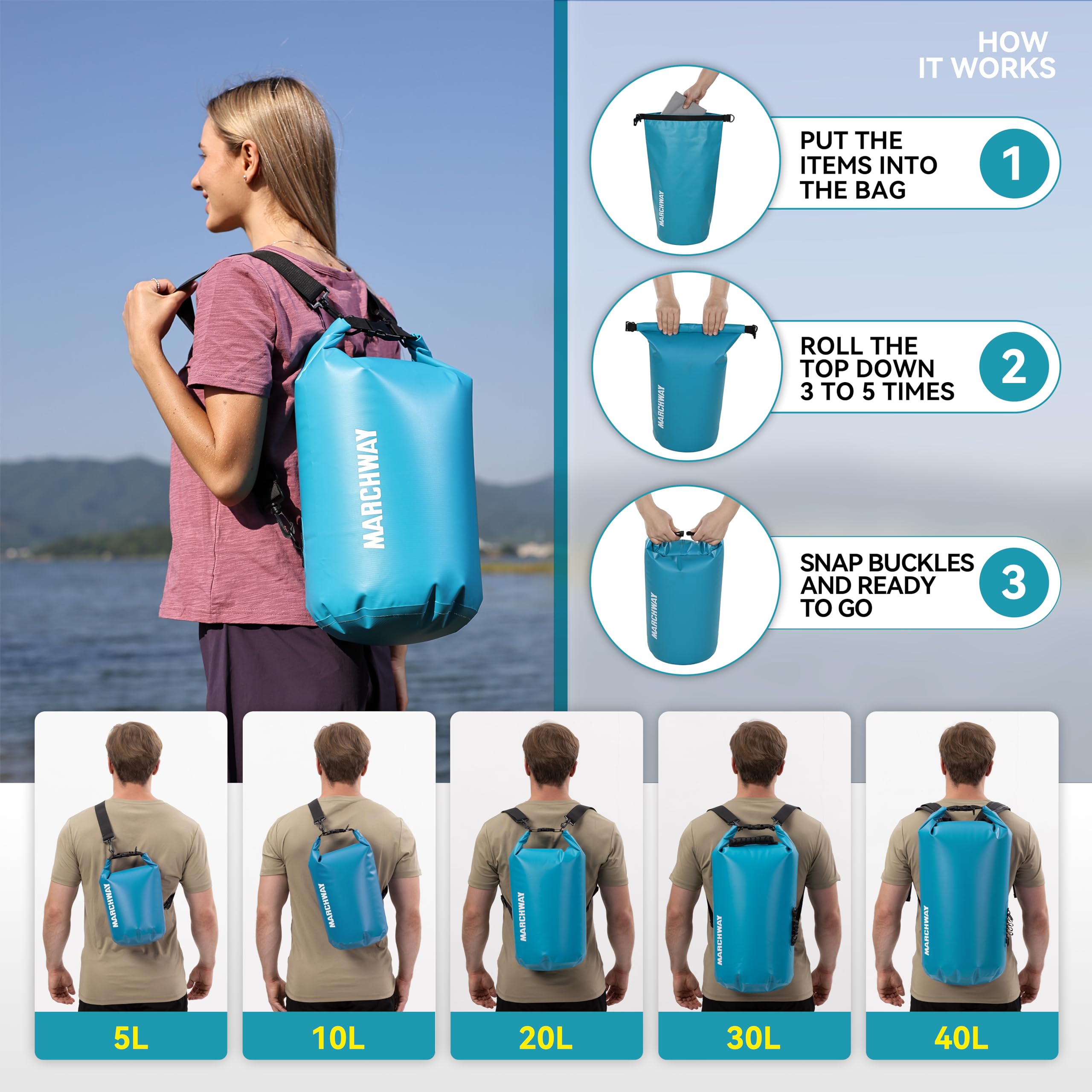 MARCHWAY Floating Waterproof Dry Bag Backpack 5L/10L/20L/30L/40L, Roll Top Sack Keeps Gear Dry for Kayaking, Rafting, Boating, Swimming, Camping, Hiking, Beach, Fishing (Teal, 20L)