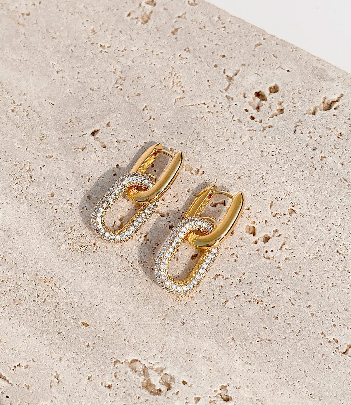 OZEL – CZ Chain Link Dangle Earrings for Women with Cubic Zirconia Stones – 14k Yellow Gold or White Gold Plated Square Oval Round U Shape (G3C0807-1)