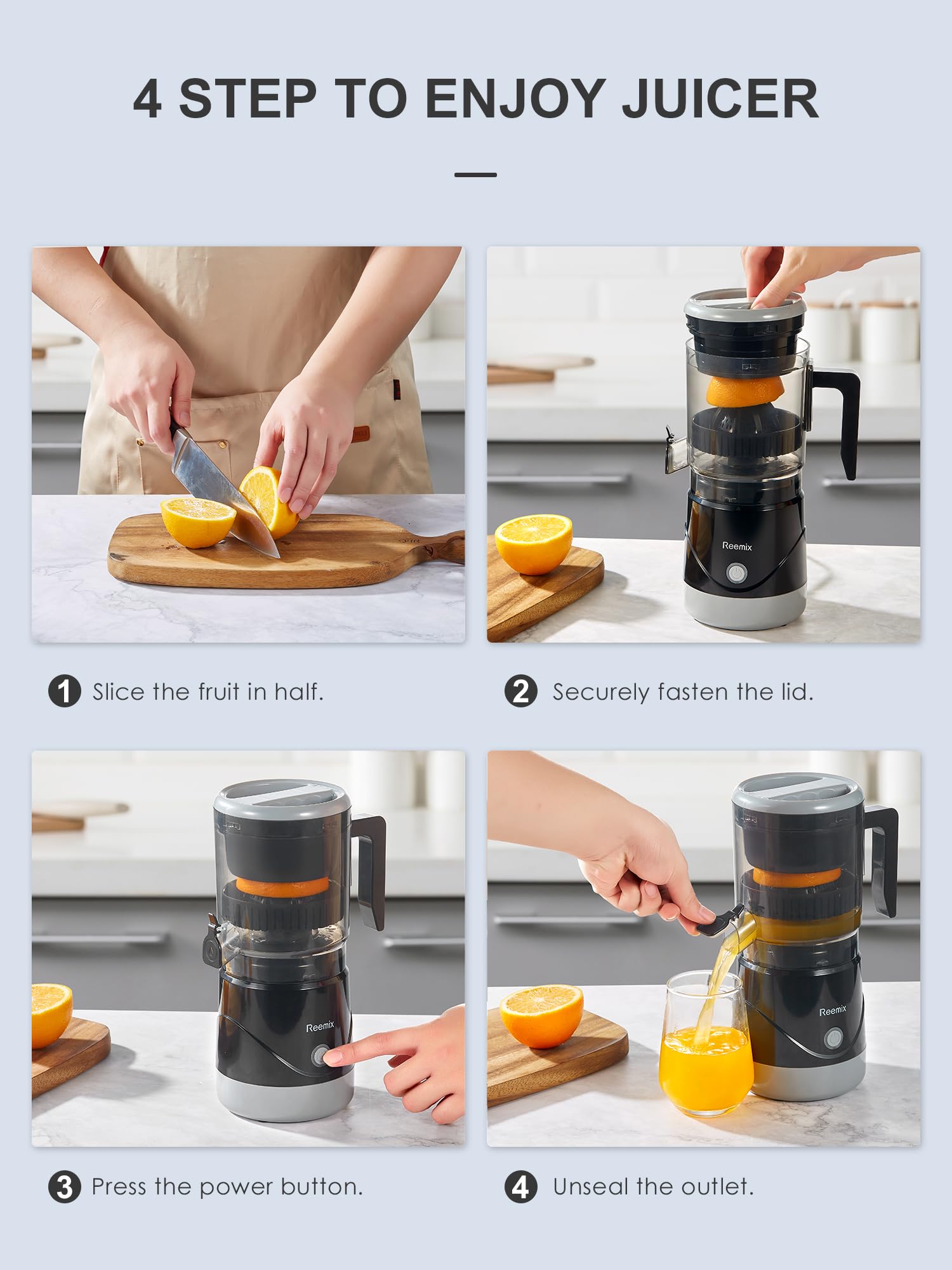 lectric Citrus Juicer, Reemix Full-Automatic Orange Juicer Squeezer for Orange, Lemon, Grapefruit, Citrus Juicer with Cleaning Brush, Easy to Clean and Use (Black)