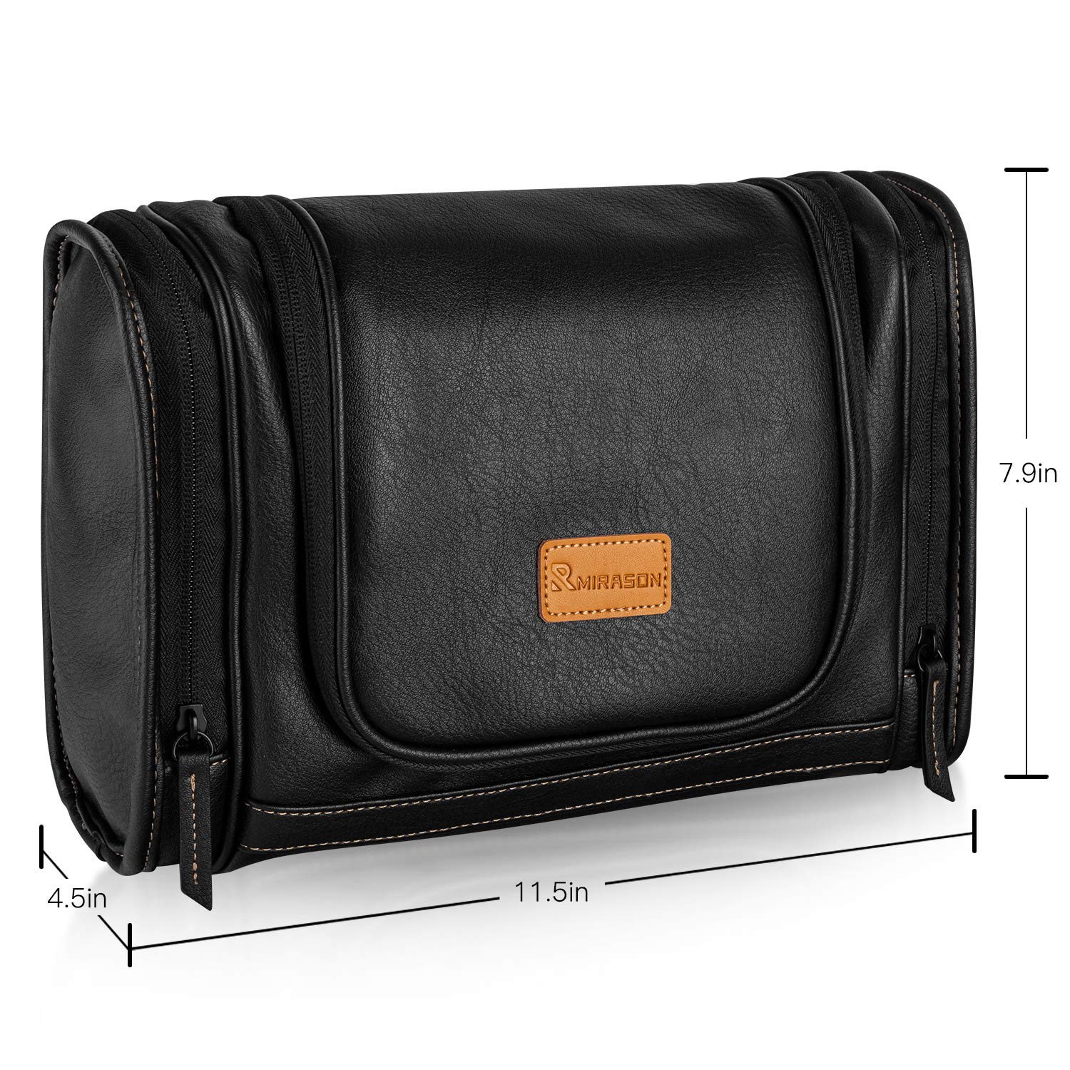 MIRASON Hanging Toiletry Bag for Men Dopp Kit Waterproof Leather Travel Organizer with Sturdy Metal Hook and Handle for Bathroom Shower Cosmetics Camping Brushes Shaving (Black)