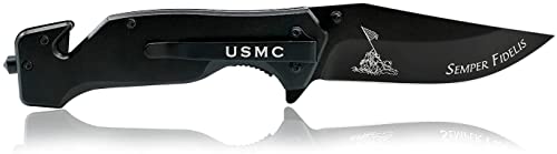 USMC Black Tactical Folding Knife-3.5 Inch Blade Marine Rescue & Hunting Knife-Two-Sided Engravings - USMC Gift-Disabled USMC Vet Owned SMALL Business