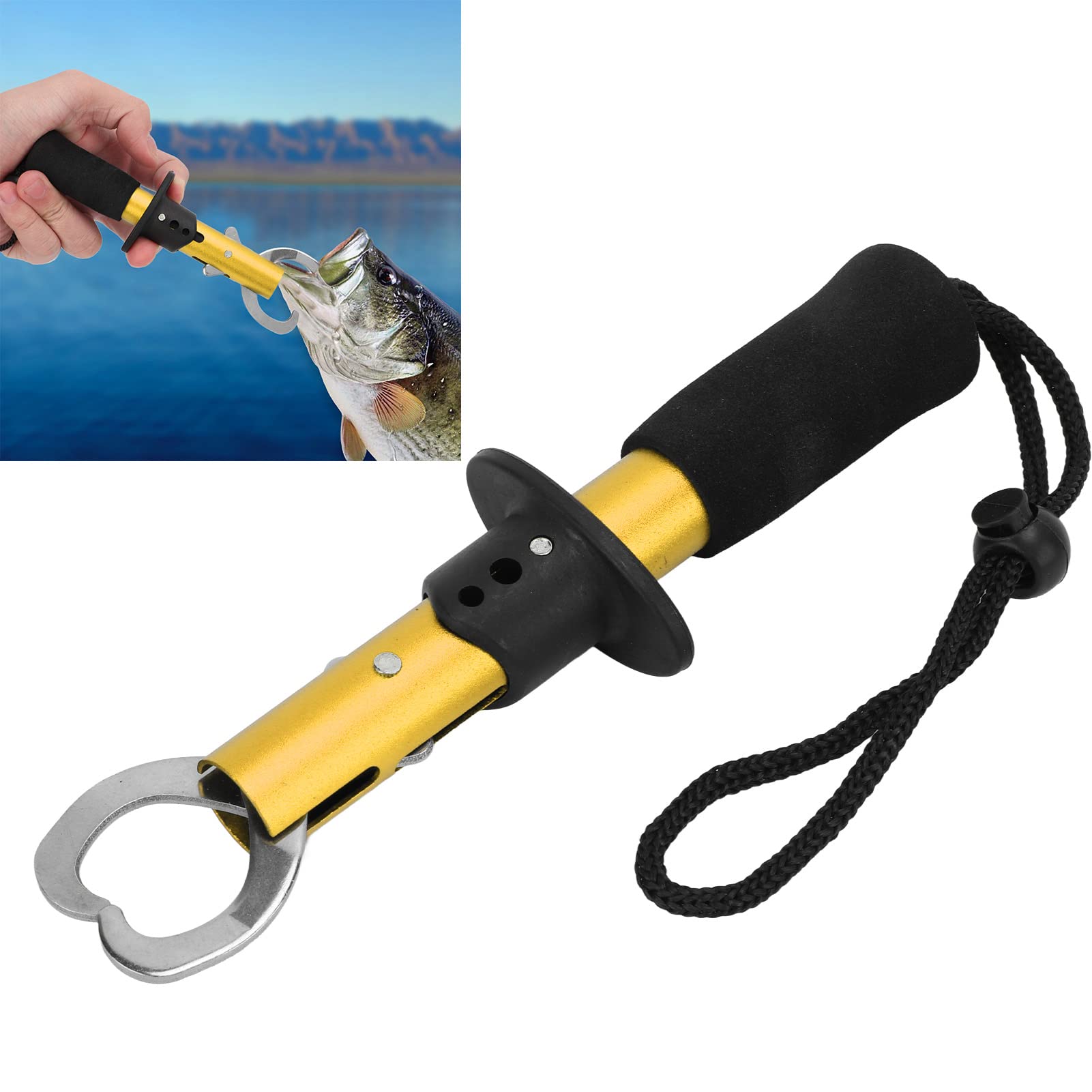 Stainless Steel Fishing Gripper Two Sided Trigger Tool,Fish Lip Grabber with Wrist Strap Fishing Gear Accessories (Gold)