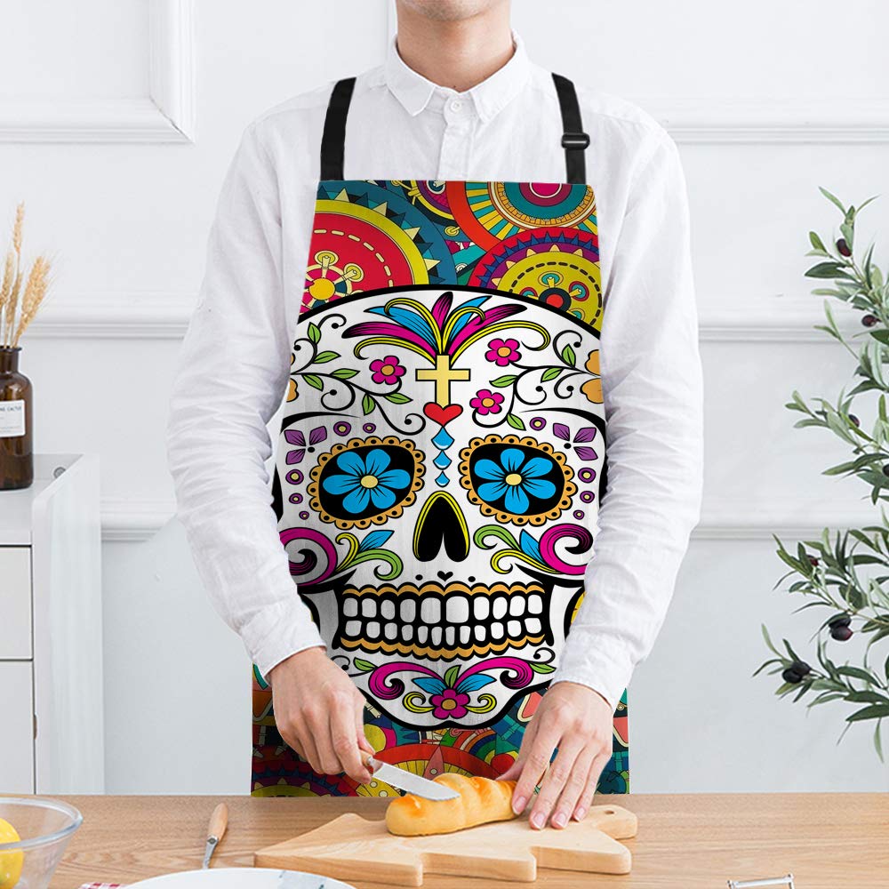 SSOIU Skull Cooking Apron, Art Floral Sugar Skull Kitchen Apron For Baking/BBQ Men Women Unisex Waterproof 31X27 Inches