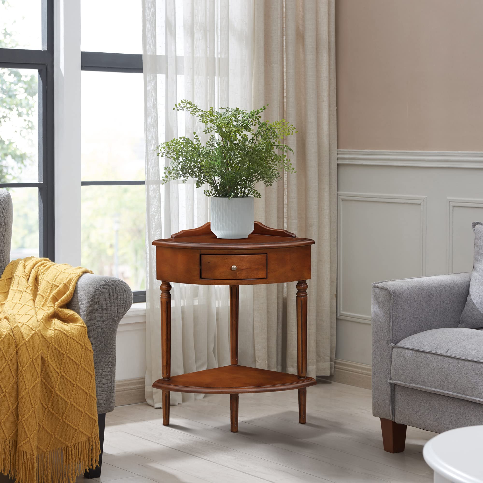 Leick Home 9016 One Corner Accent Table with Drawer and Lower Display Shelf, Pecan