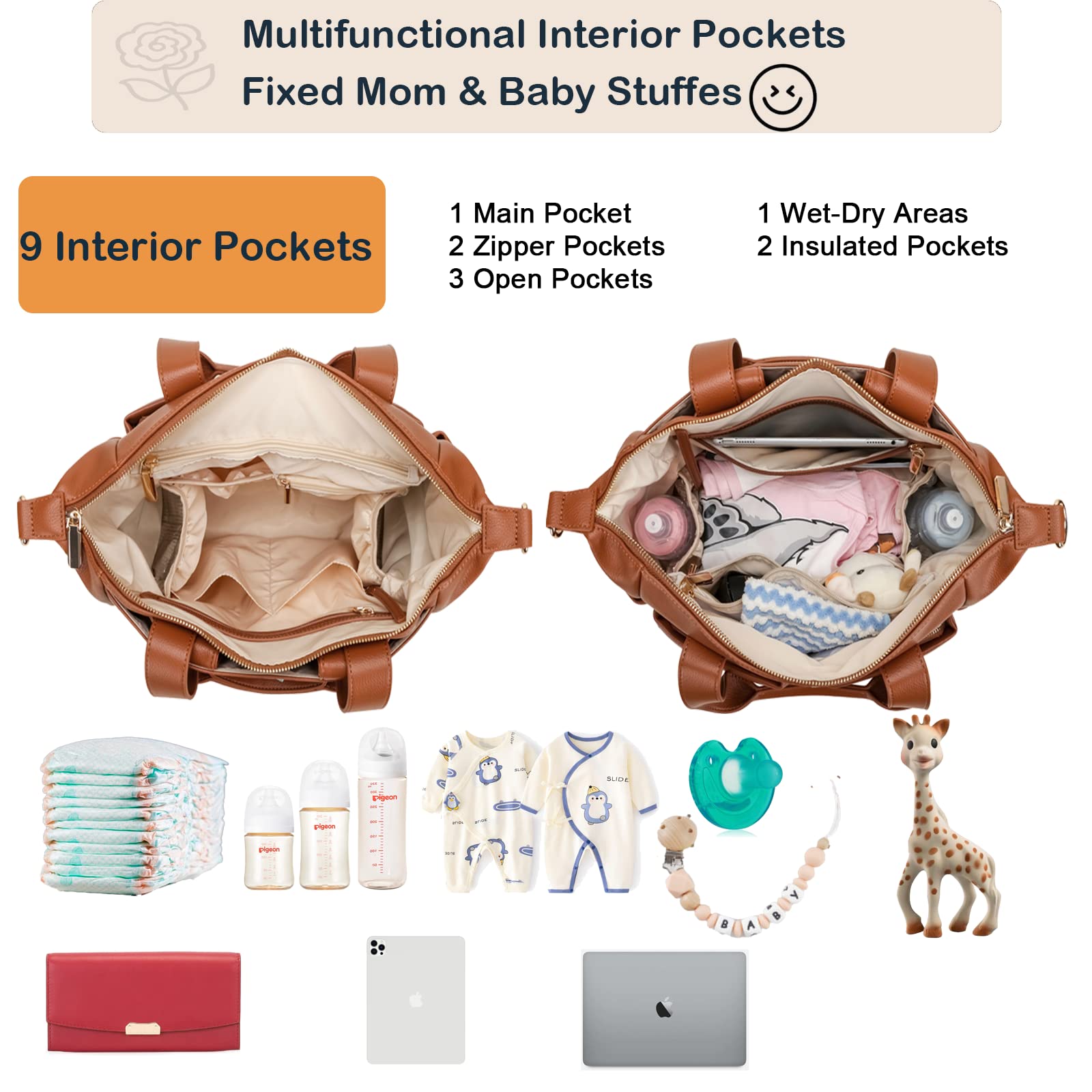 Yomiky Leather Diaper Bag Backpack, Diaper Bag Tote Travel Tote Bags with Large Capacity and Multiple Pockets