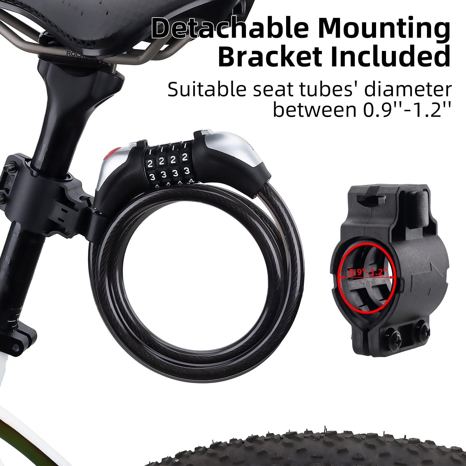 ROCKBROS Bike Lock Cable 6 Feet Self Coiling Etronic Lock 4-Digit Resettable Bike Cable Lock with Mounting Bracket 1/2 inch Diameter Bike Lock Cable Black(4Feet)
