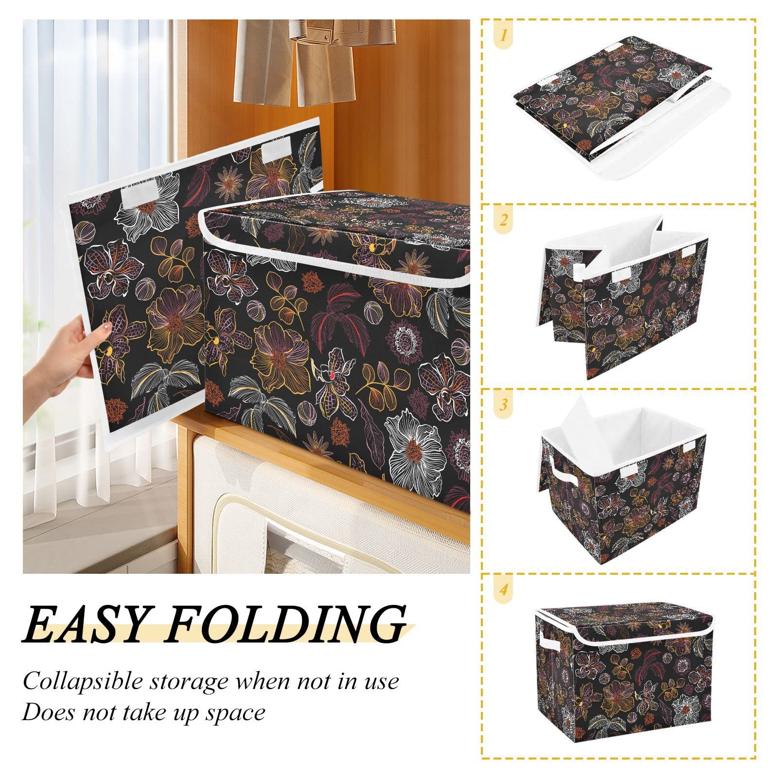 NFMILI Storage Bins (Elegant Flowers) with Lid And Handles, Foldable Storage Basket Large Capacity Household Cube for Organizing Cloth Toys Books 16.5×12.6×11.8 IN