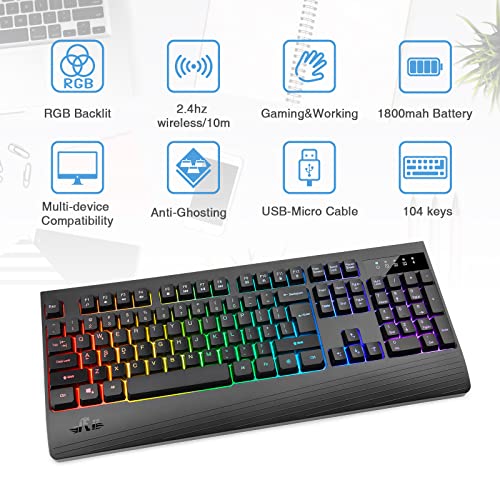 Rii RK204 Wireless RGB Gaming Keyboard 2.4G Rechargeable LED Backlit 104 Keys Ergonomic Mechanical Feeling Computer Keyboard for PC,PS4,Xbox,Windows (2022 New)