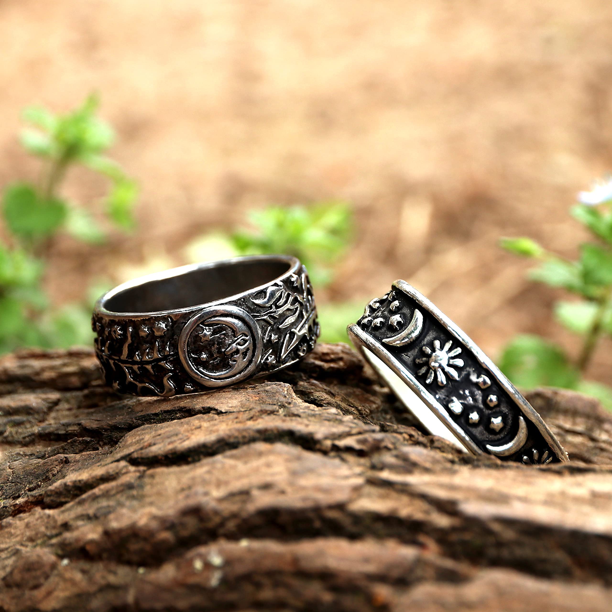 MYLY 2PCS Stainless Steel Sun Moon Rings for Women Men,Sun Ring,Moon Ring for Women Men (A, 7)