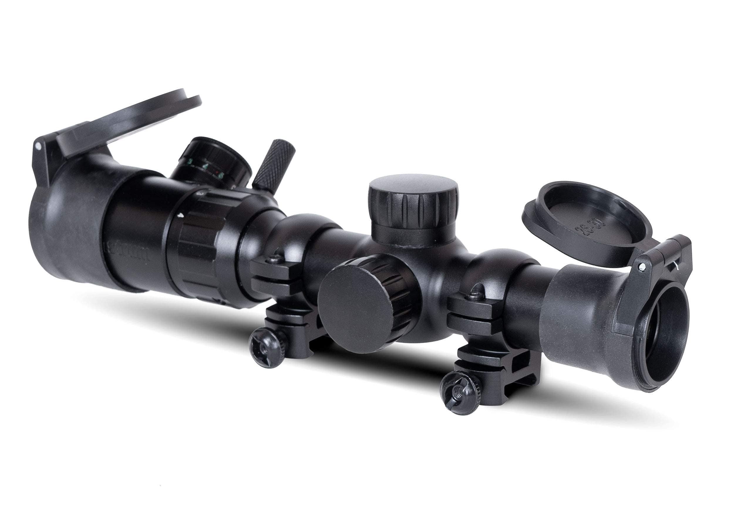 Monstrum 1-4x20 Rifle Scope with Rangefinder Reticle and Medium Profile Scope Rings | Monstrum Flip Up Lens Cover Set | Bundle