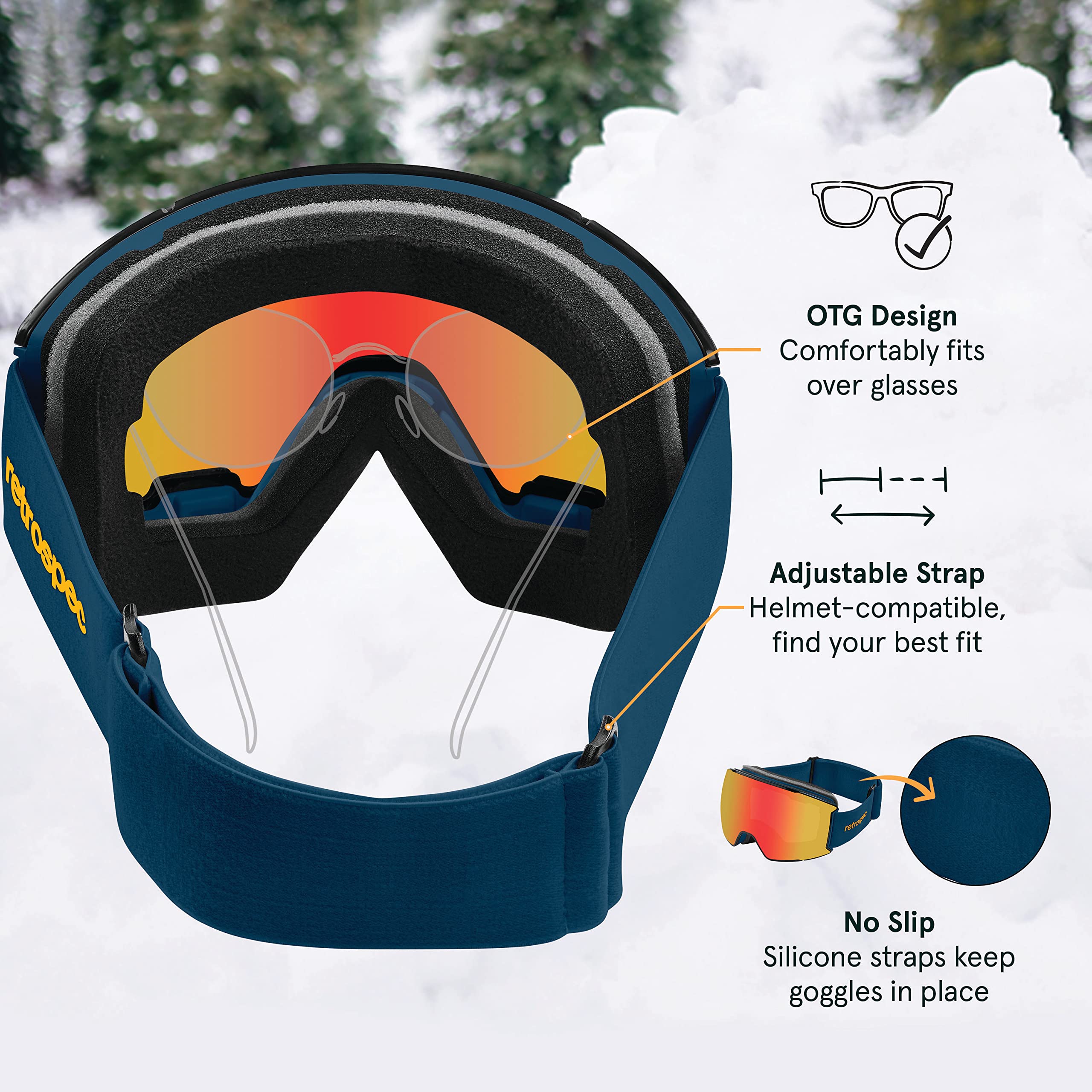 Retrospec Zenith Ski Goggles for Men and Women Over Glasses, UV Protection, Anti-Fog, Scratch Resistant Snow Goggles for Skiing and Snowboarding