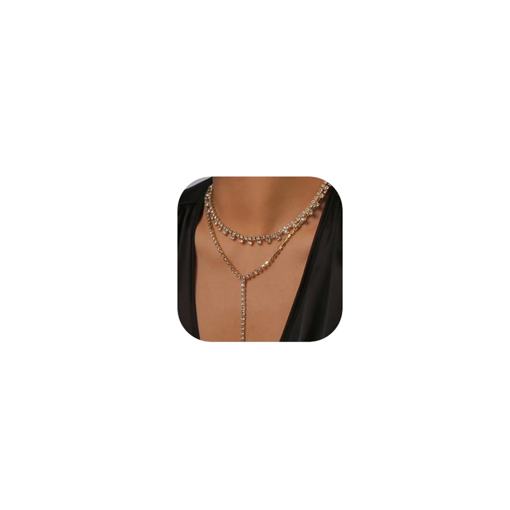 Missgrace 2 Tier Sexy Bar Nightclubs Necklaces Gold Y Long Rhinestones Love Choker Necklace Sparkly Jewerly Wedding Party Prom Bar Necklace Accessories for Women (Gold)