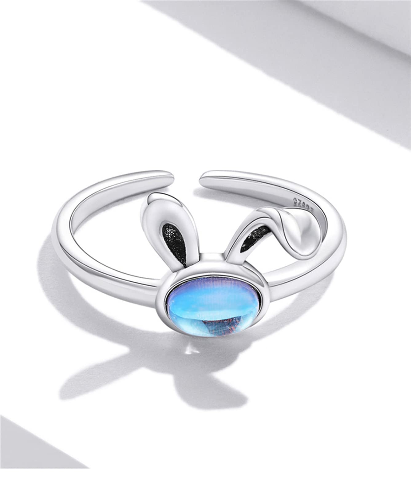 Rainbow Moonstone Ring 925 Sterling Silver Rabbit Rings Cute Animal Adjustable Open Ring Gifts for Engagement Anniversary Wedding