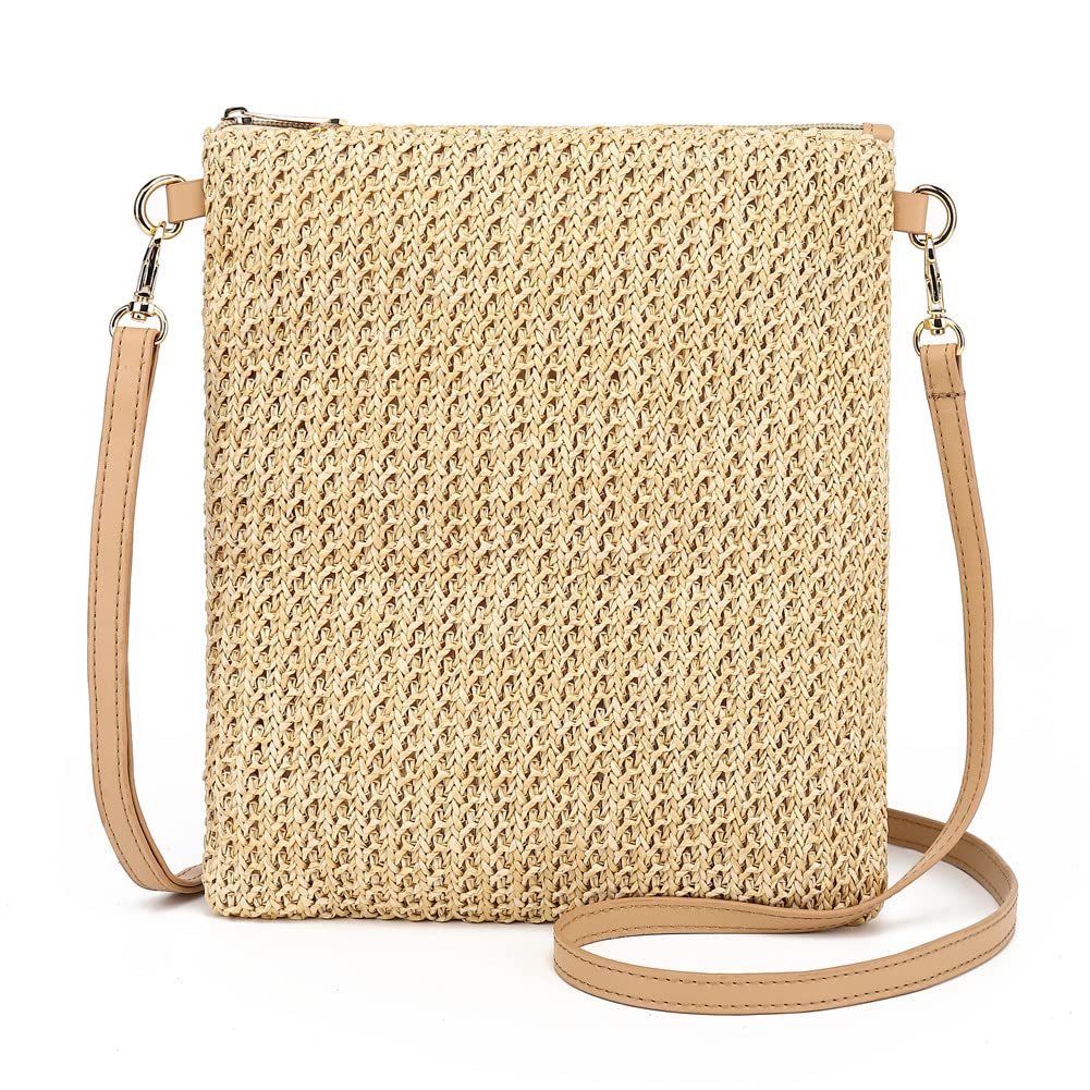 Straw Crossbody Bags for Women, Cute Straw Beach Purse with Detachable Shoulder Strap, Summer Straw Handbag Vacation Essentials (Light Brown)
