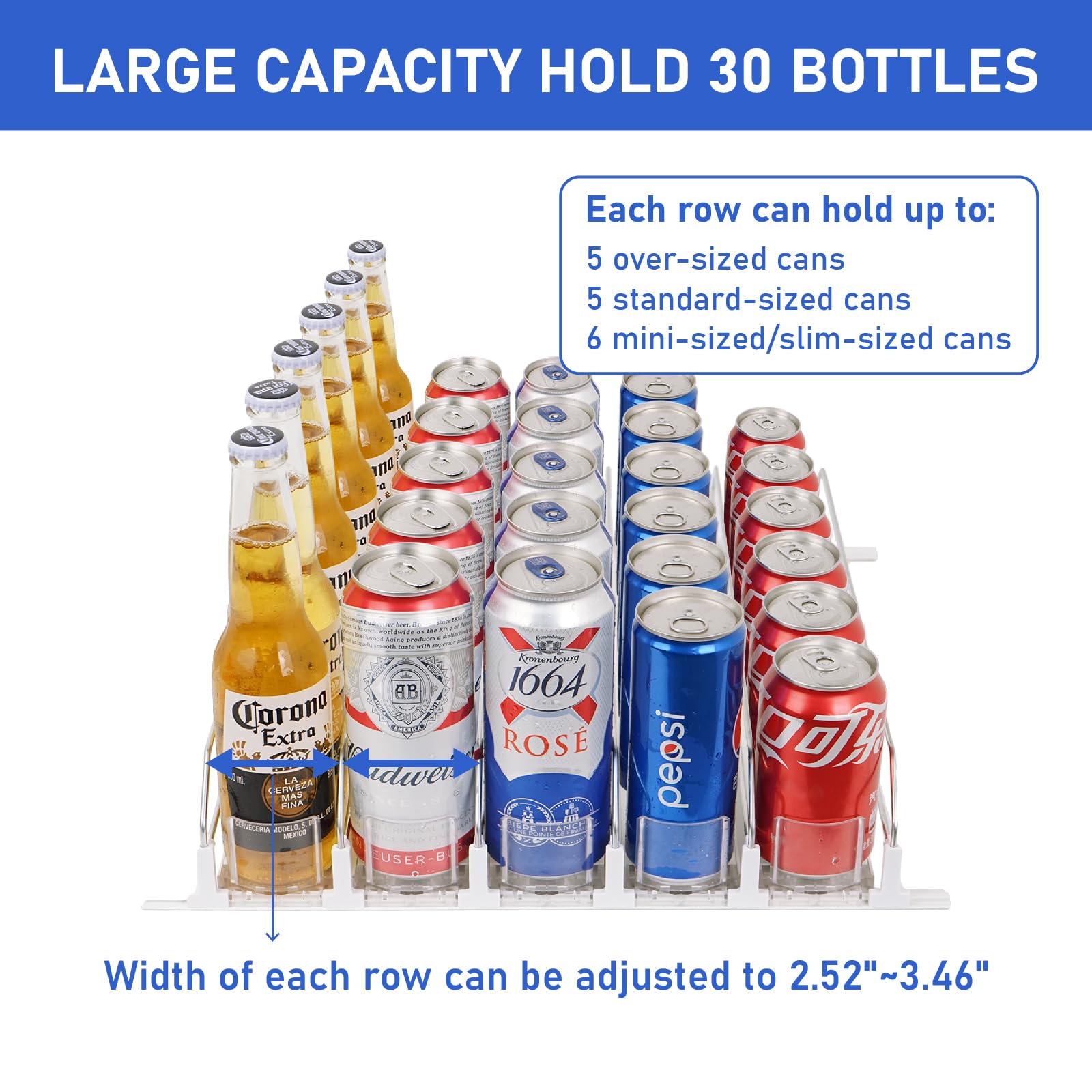 Nisorpa Drink Organizer For Fridge Dispenser, 5 Rows Soda Can Dispenser Water Bottle Organizer For Refrigerator Automatic Beverage Dispenser Pusher Glide Width Adjustable Beer Dispenser for Fridge