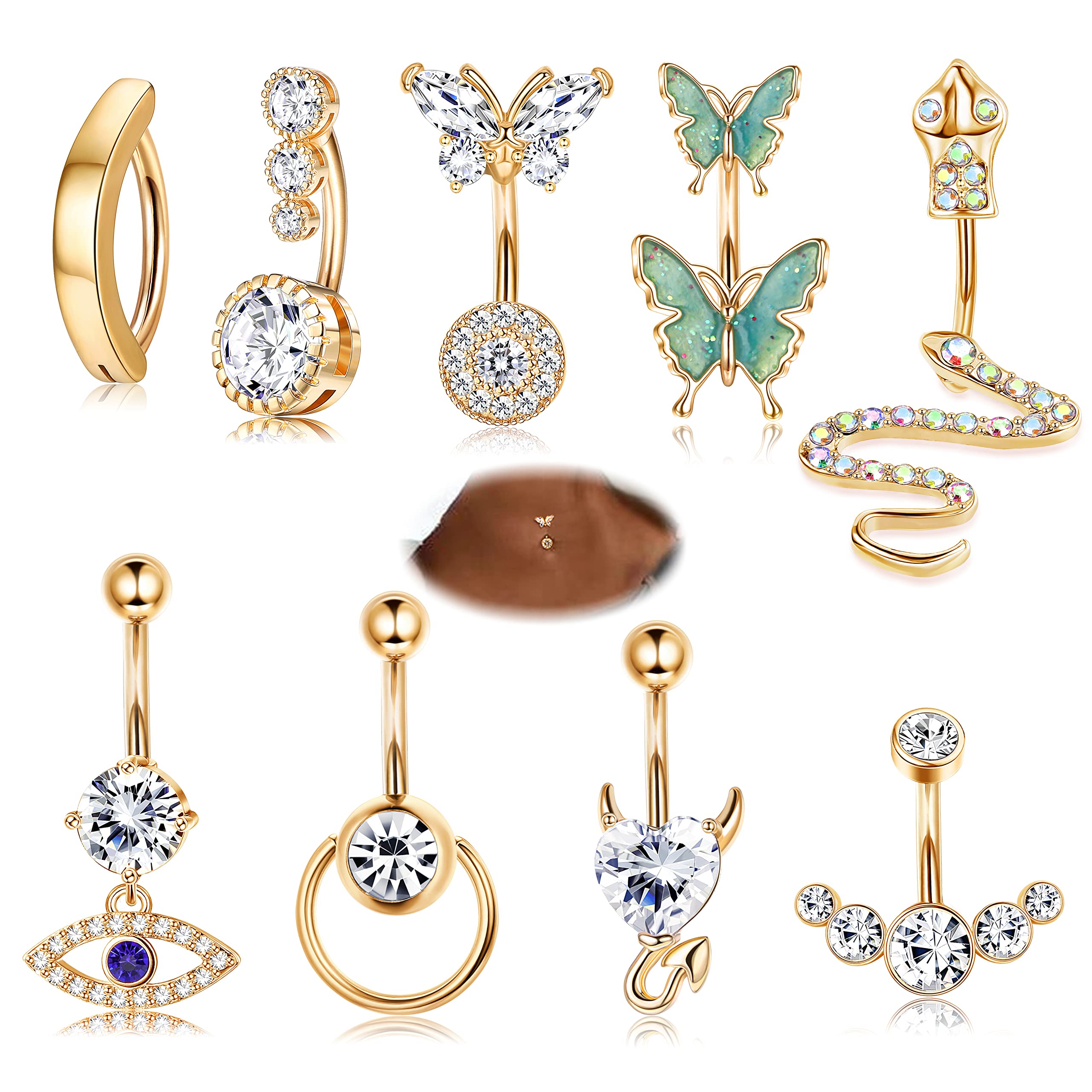 THUNARAZ 9Pcs 14G Gold Belly Button Rings Dangle for Women Stainless Steel Snake Butterfly Evil Eye Devil Heart Clear CZ Clicker Belly Button Rings Navel Ring Body Piercing Jewelry