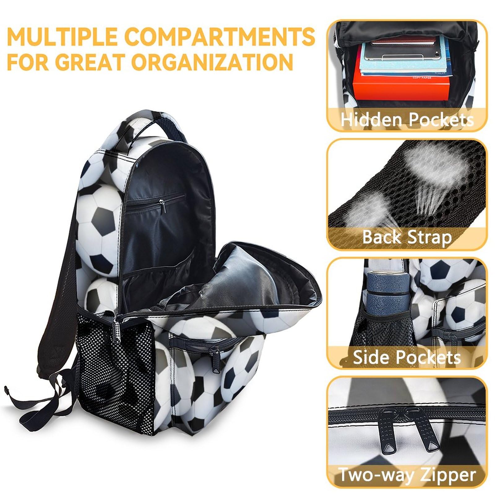 NICEFORNICE Soccer Backpacks Kids, 16 Inch Cute Backpack for School, White Lightweight Bookbag for Boys