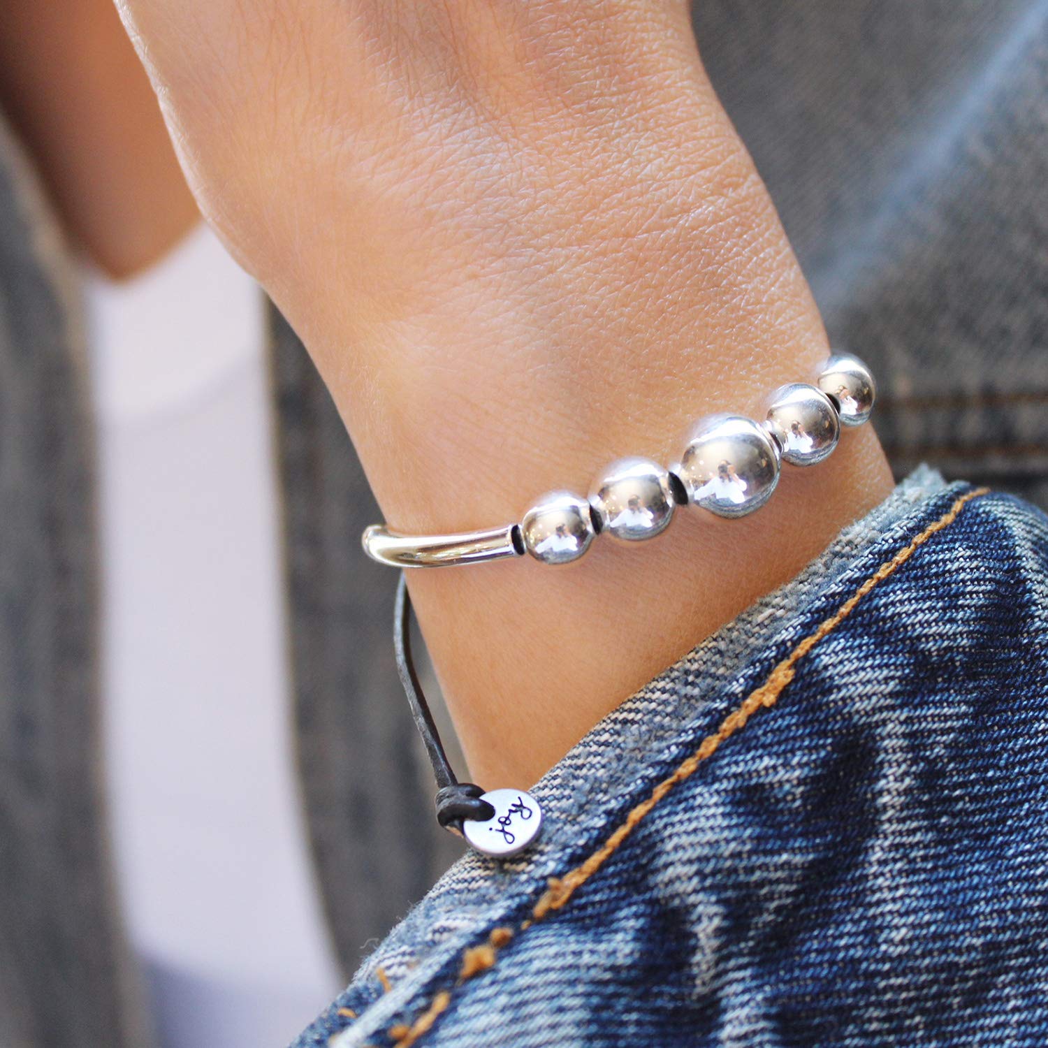 Lizzy James Wisdom Adjustable Black Leather Bracelet with Silver Plated Beads