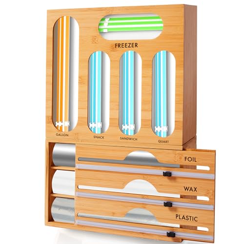 PANDAWOOD 8 IN 1 Storage Bag Organizer - Bamboo Plastic Bag Organizer - Foil Plastic Wrap Dispenser with Cutter - Kitchen Organizers Storage - Kitchen Drawer Organizer For Sandwich Bag, Food Bag