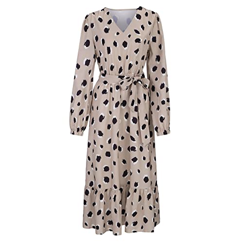 Patchwork Ruffle Dress for Women V Neck Empire Waisted Swing Dress Loose Ruched Polka Dot Long Dress