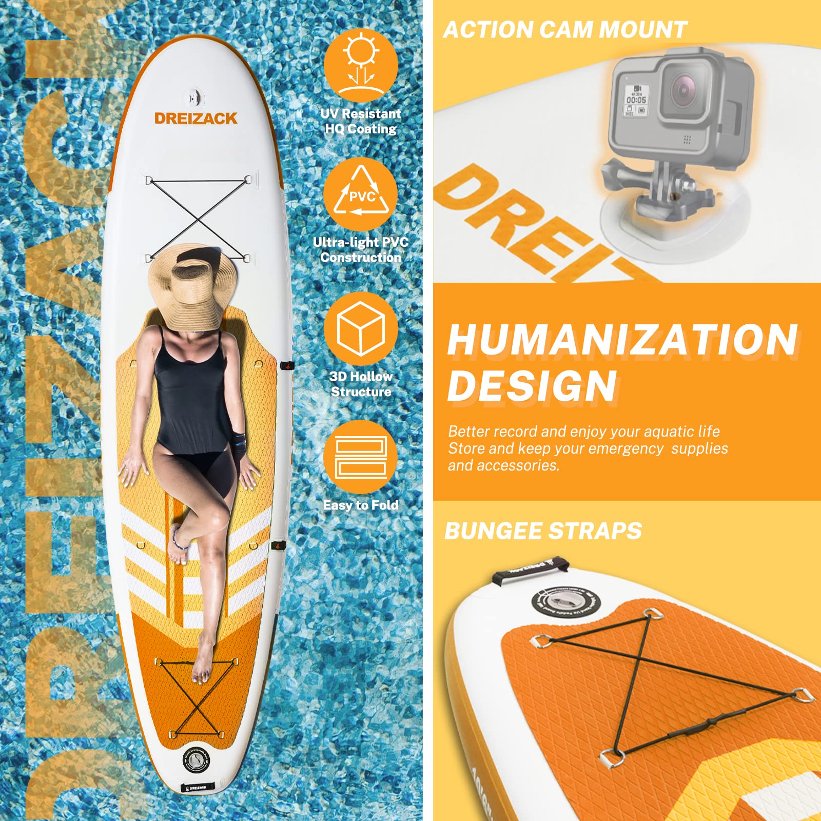 Paddle Board 10'6"x32"x6", Dreizack Paddle Boards for Adults Extra Wide Stand up Paddle Board with SUP Accessories Inflatable Paddle Board for Fishing Yoga Kayaking Surf (Orange)