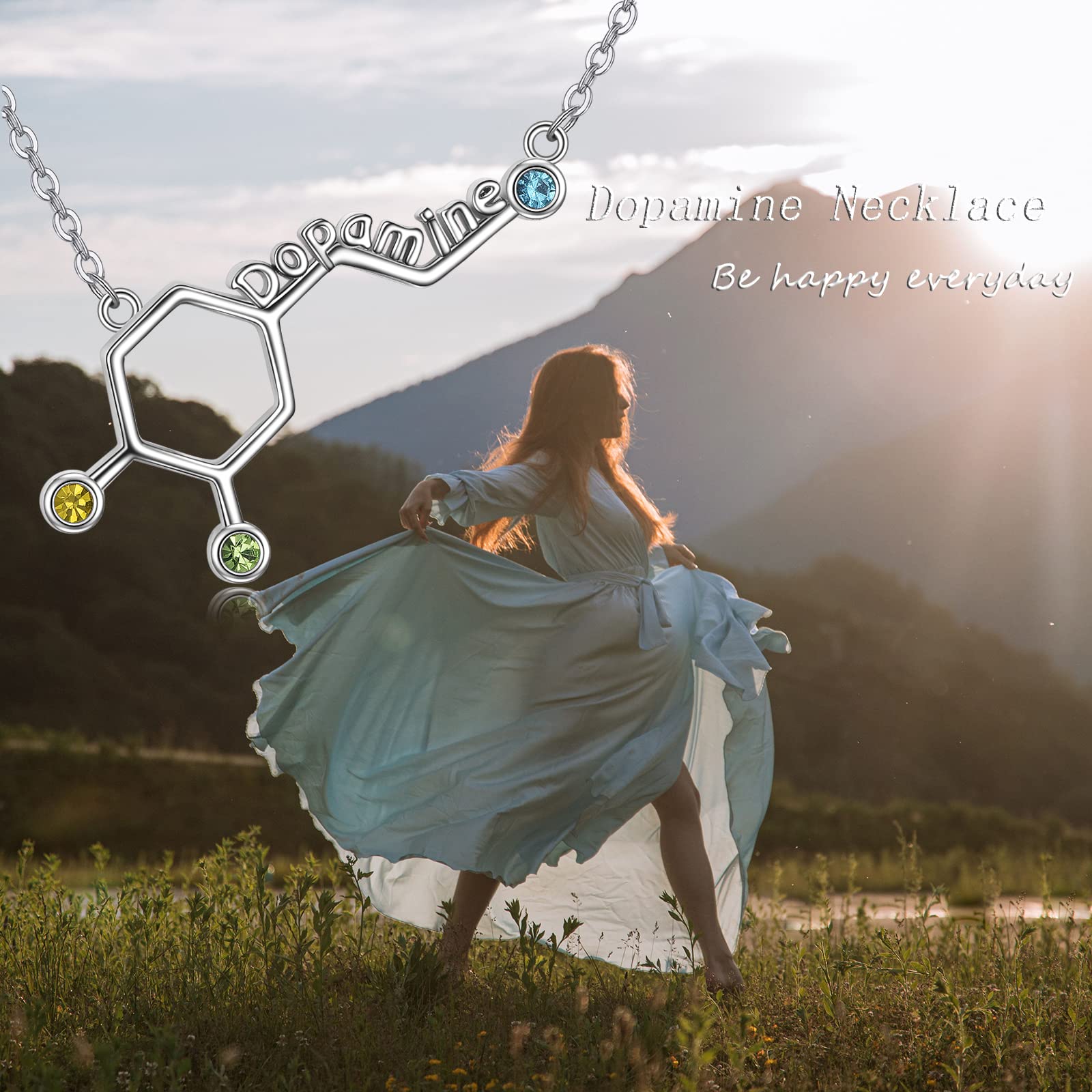 LUHE Serotonin Molecule Necklace, Caffeine Molecule Necklace Sterling Silver Science Jewelry for Women Ideal Necklaces for Teacher Professor Chemistry Grad and Science Lovers