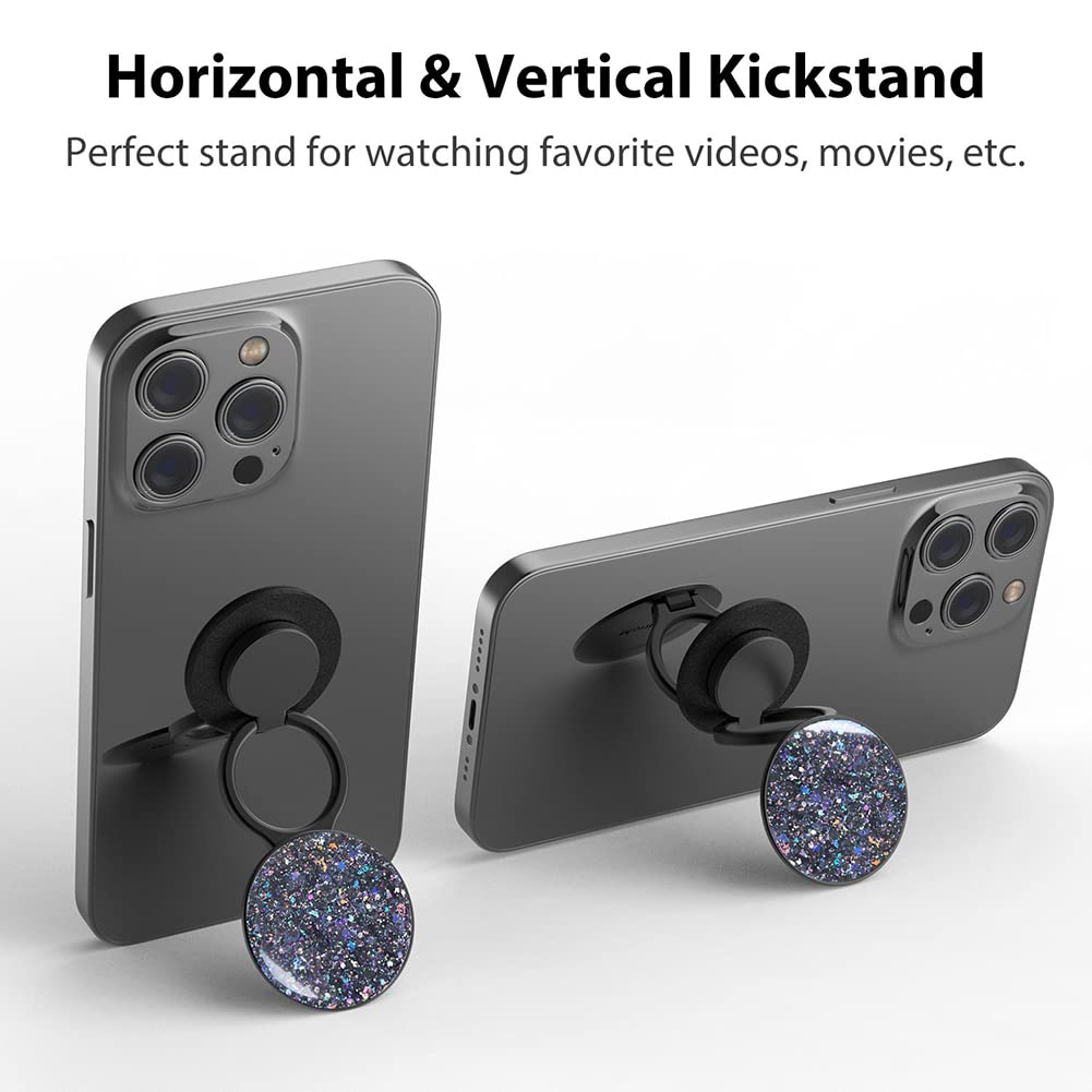 MonIdea Phone Grip Holder, Phone Ring Holder Finger Kickstand, Foldable & Adjustable Metal Cell Phone Rings Gripper Stand Work with Magnetic Car Mount for iPhone Samsung &Other Phones - Black Seashell