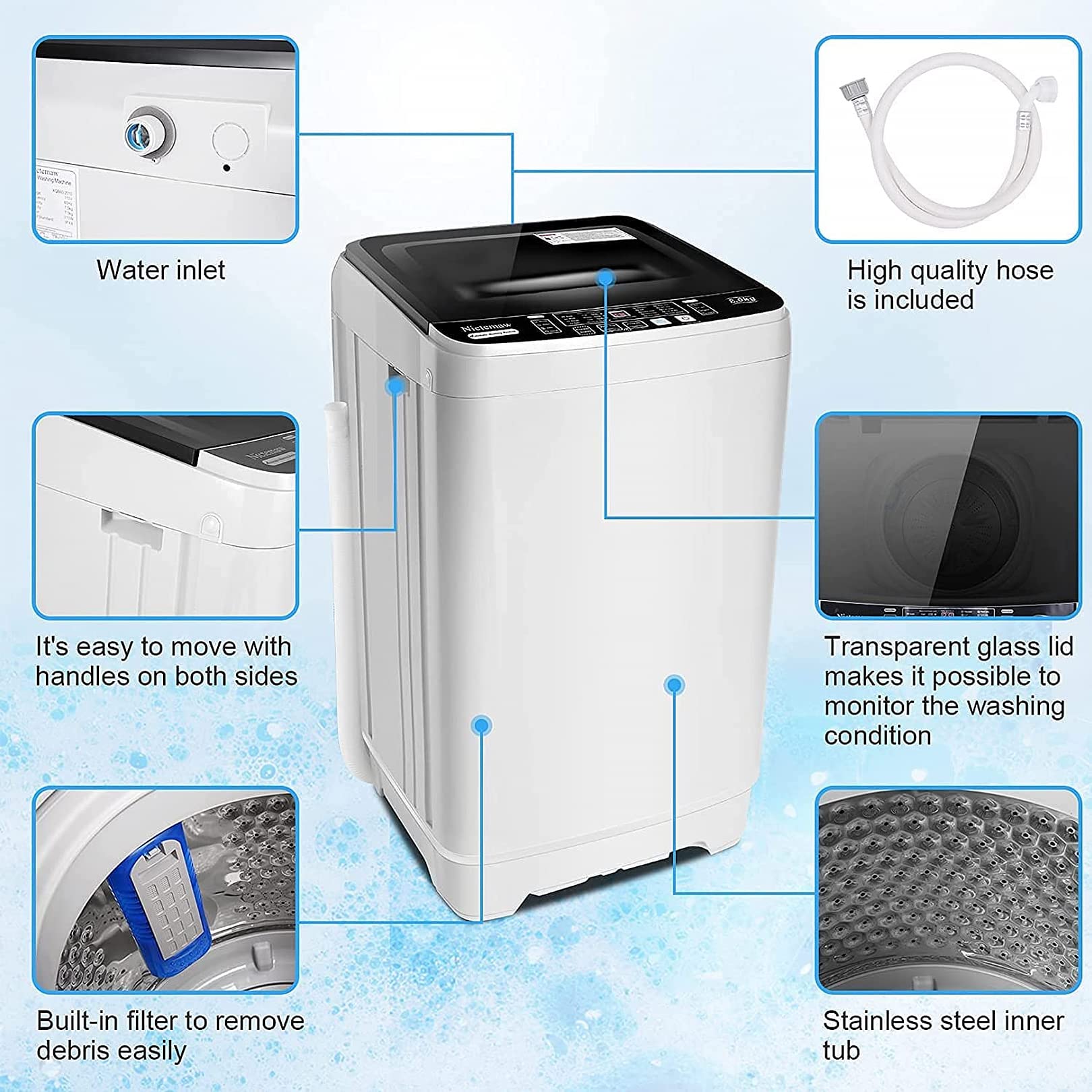 Nictemaw Portable Washing Machine 17.8 Lbs Mini Compact Washing Machine Washer Laundry Washer And Dryer With Drain Pump, 10 Programs Selections with LED Display Low Noise and Easy Store for Apartments