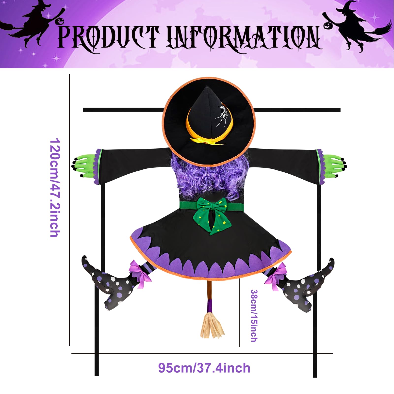 Miracleart Crashing Witch Halloween Decorations(47" H), Funny Flying Crashing Witch into Tree, Outdoor Indoor Crashed Witch Props Halloween Party Hanging Decorations