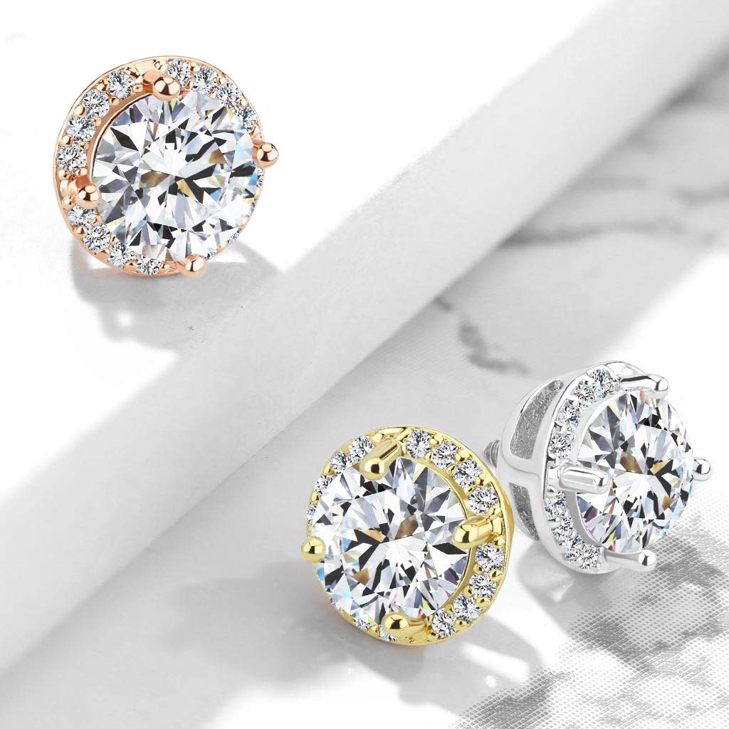MoBody 14G Round Prong Set CZ Center with CZ Edges Around Internally Threaded Dermal Anchor Body Piercing Top (Rose Gold-tone/Clear)