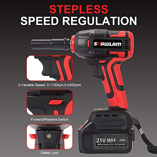 SHAWLAM Cordless Impact Wrench 1/2 Inch Impack Gun 21V Power Impact Driver Impack Drill Max Torque 300Ft-lbs (400N.m) 3200RPM Li-ion 4.0AH Battery Pack Electric Impact Wrench for Car Home