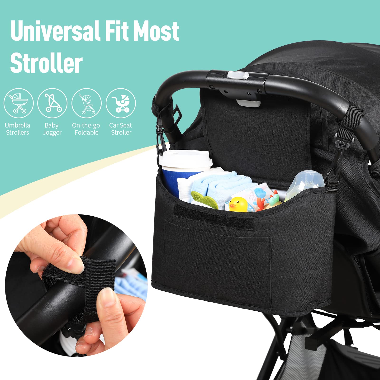 Yoofoss Baby Stroller Organizer Stroller Caddy - Universal Stroller Organizer Bag with Insulated Cup Holder Phone Bag, Stroller Storage Fits Most Baby and Pet Strollers, Black