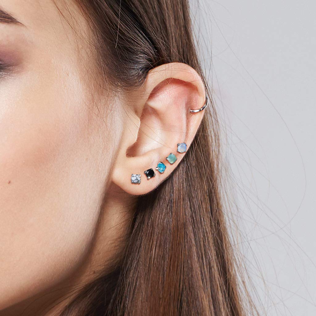 MoBody 16G Semi Precious Stone Labret Piercing Studs Set Internally Threaded Monroe Lip Piercing Studs (6mm, Opalite)