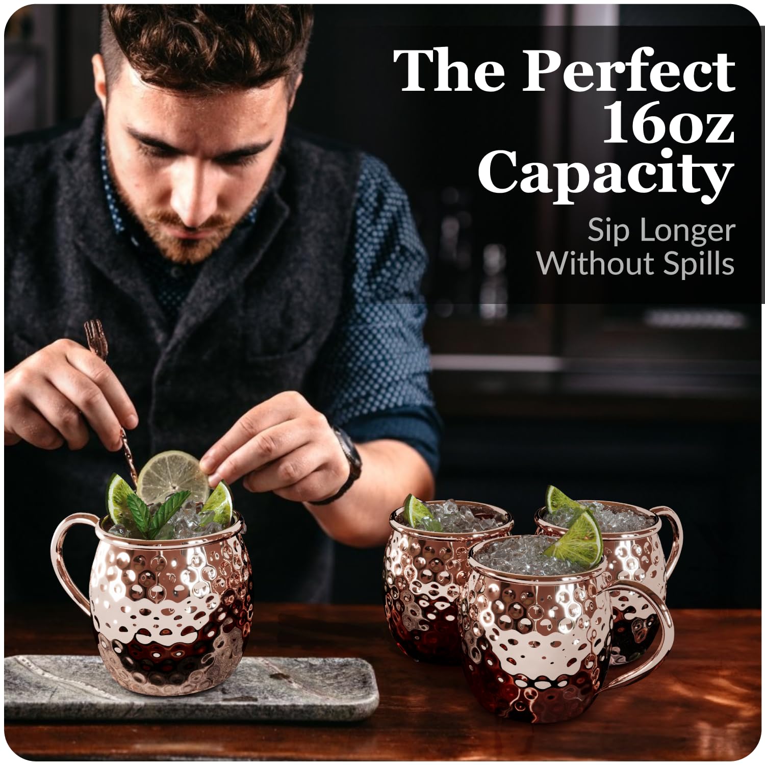 Moscow Mule Copper Mugs | Set of 4 Hammered Cups | 100% HANDCRAFTED Pure Solid Copper | Gift Set With Cocktail Straws | Shot Glass | Coasters | Copper Stirrer & Beer opener By Copper-Bar