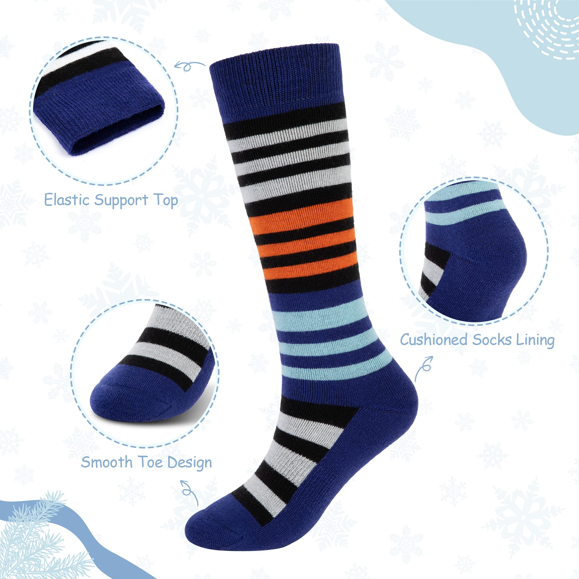 LULLABY KIDS Snow Ski Socks Full Terry Warm Skiing Socks Boys Thermal Socks Merino Wool Socks For Toddlers Kids Warm Socks, 2 Pairs Strip, 3-5 Years