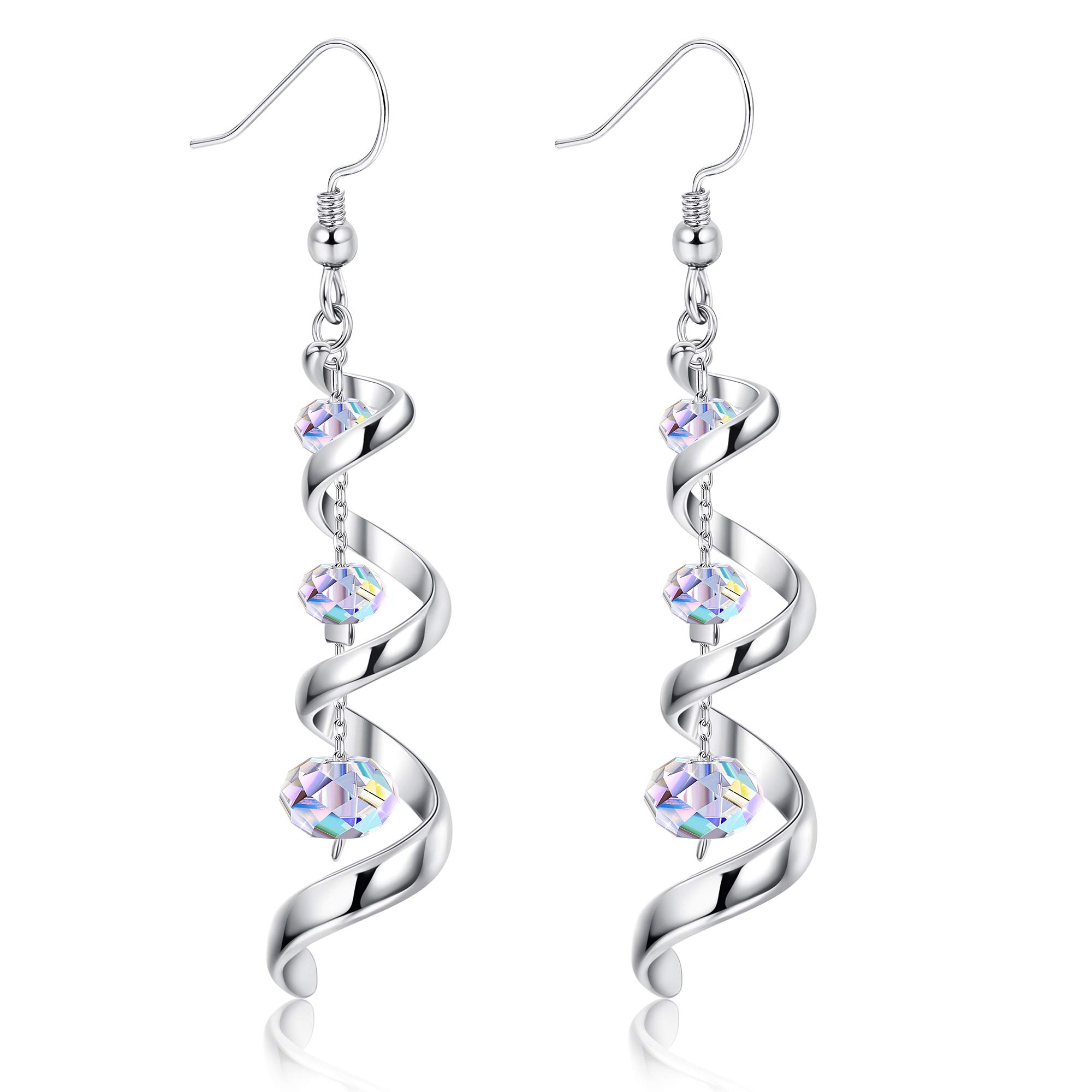 PATISORNA 925 Sterling Silver Austria Crystal Eardrop Dangle Earrings for Women Spiral Ribbon Multi Teardrop Drop Dangly Earrings Sparkly Long Dangle Earrings Jewelry Gifts for Her Silver