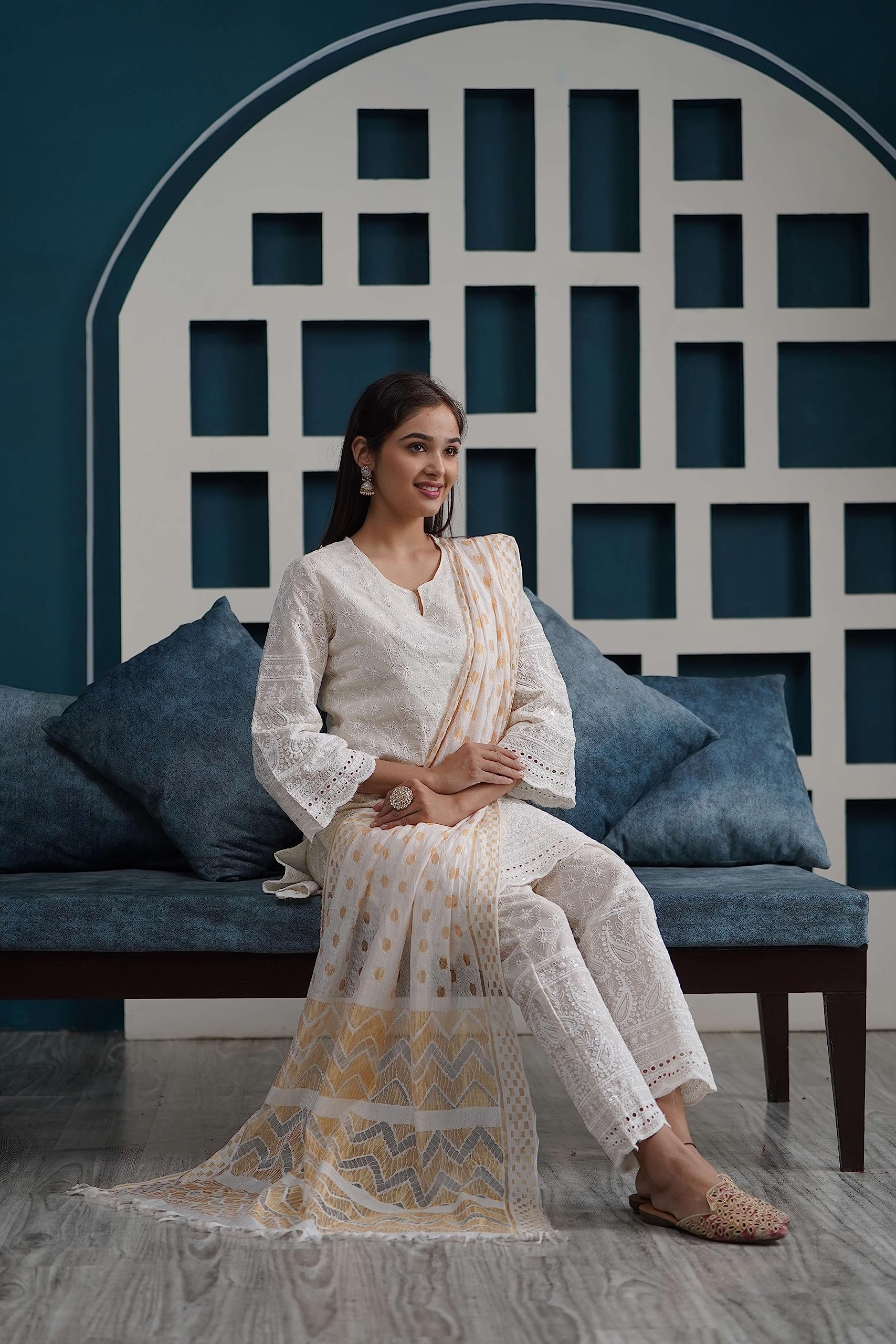 MAGHMA Chikankari Kurtis for Women Pakistani Salwar Kameez Suit Set Indian Dresses Cream White Kurti Pant & White Color Dupatta Set (L)