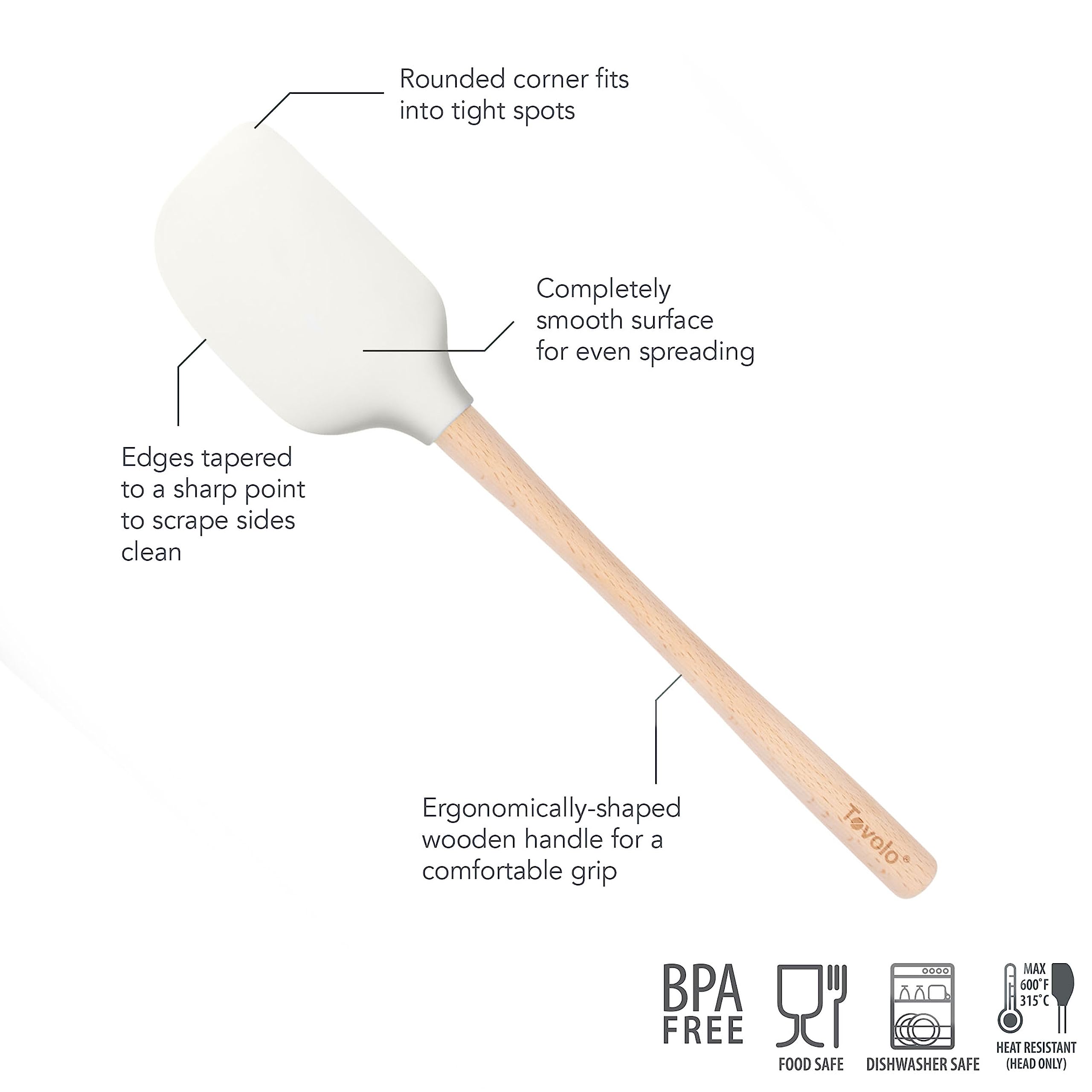 Tovolo White Flex-Core Wood Handled Silicone Spatula, Non-Stick, Heat-Resistant, BPA-Free, Dishwasher-Safe With Removable Angled Head