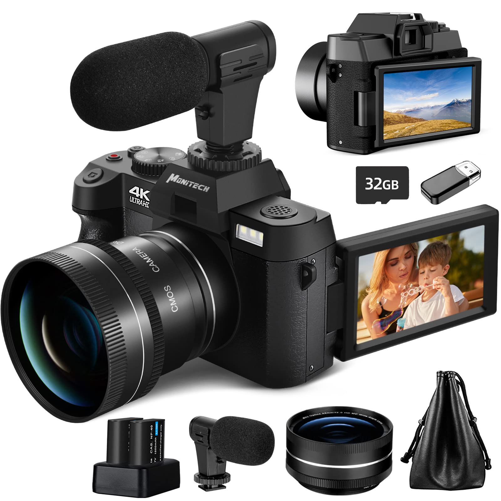 Monitech Digital Camera for Photography and Video,4K 48MP Vlogging Camera for YouTube with 180° Flip Screen,16X Digital Zoom,52mm Wide Angle & Macro Lens, 2 Batteries, 32GB TF Card