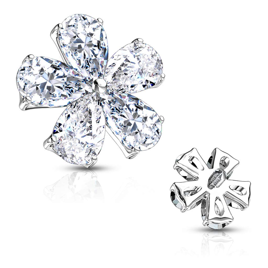 MoBody 5 Clear CZ Flower Top Surgical Steel Internally Threaded Dermal Anchor Body Piercing Top 14G (Silver-Tone)